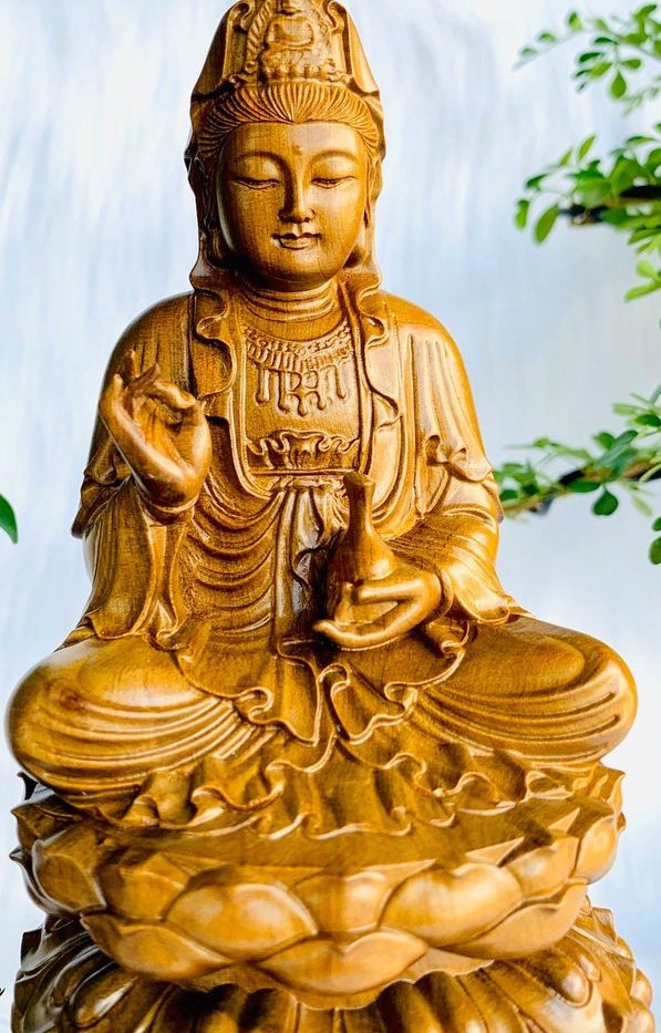 Tượng Quan Âm Gỗ Bách Xanh cao 15 cm